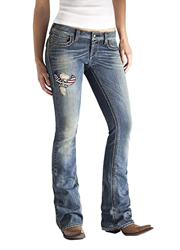 American Flag Eagle Pattern Mid Rise Bootcut Jeans for Women,07-Blue,Medium