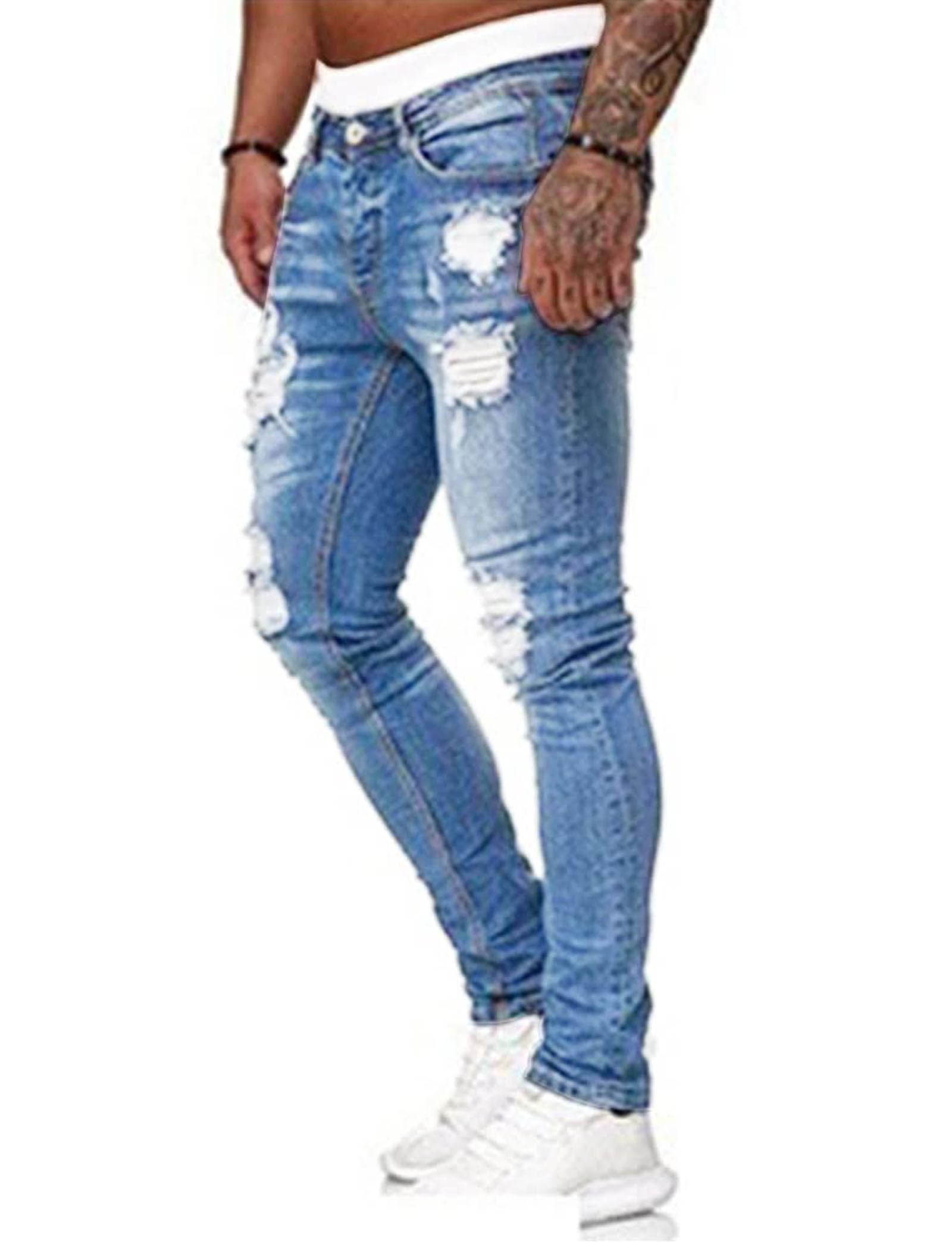 HUNGSON Men's Blue Slim Fit Jeans Stretch Destroyed Ripped Skinny Jeans Side Striped Denim Pants(LLBlue,30)