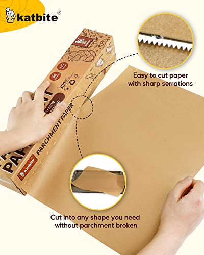 Katbite 15in x 242ft, 300 Sq.Ft Unbleached Parchment Paper Roll for Baking, Parchment Baking Paper with Serrated Cutter, Non-stick Longer Parchment Roll for Cooking, Air Fryer, Steaming, Bread