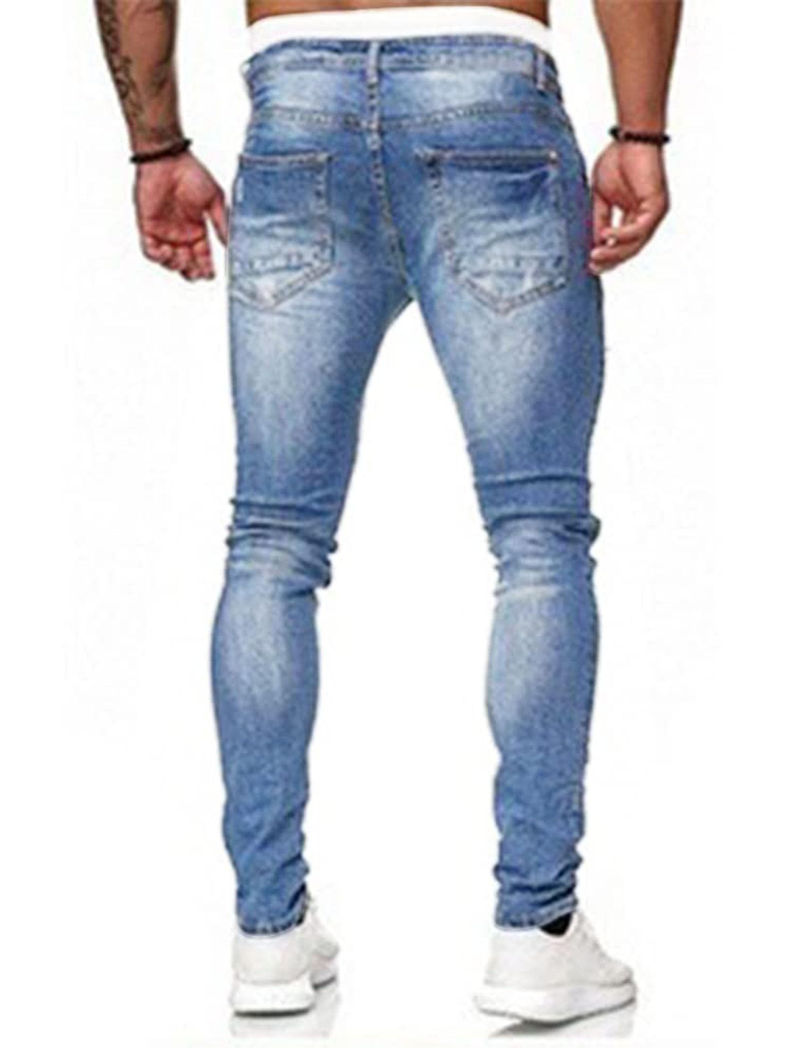 HUNGSON Men's Blue Slim Fit Jeans Stretch Destroyed Ripped Skinny Jeans Side Striped Denim Pants(LLBlue,30)