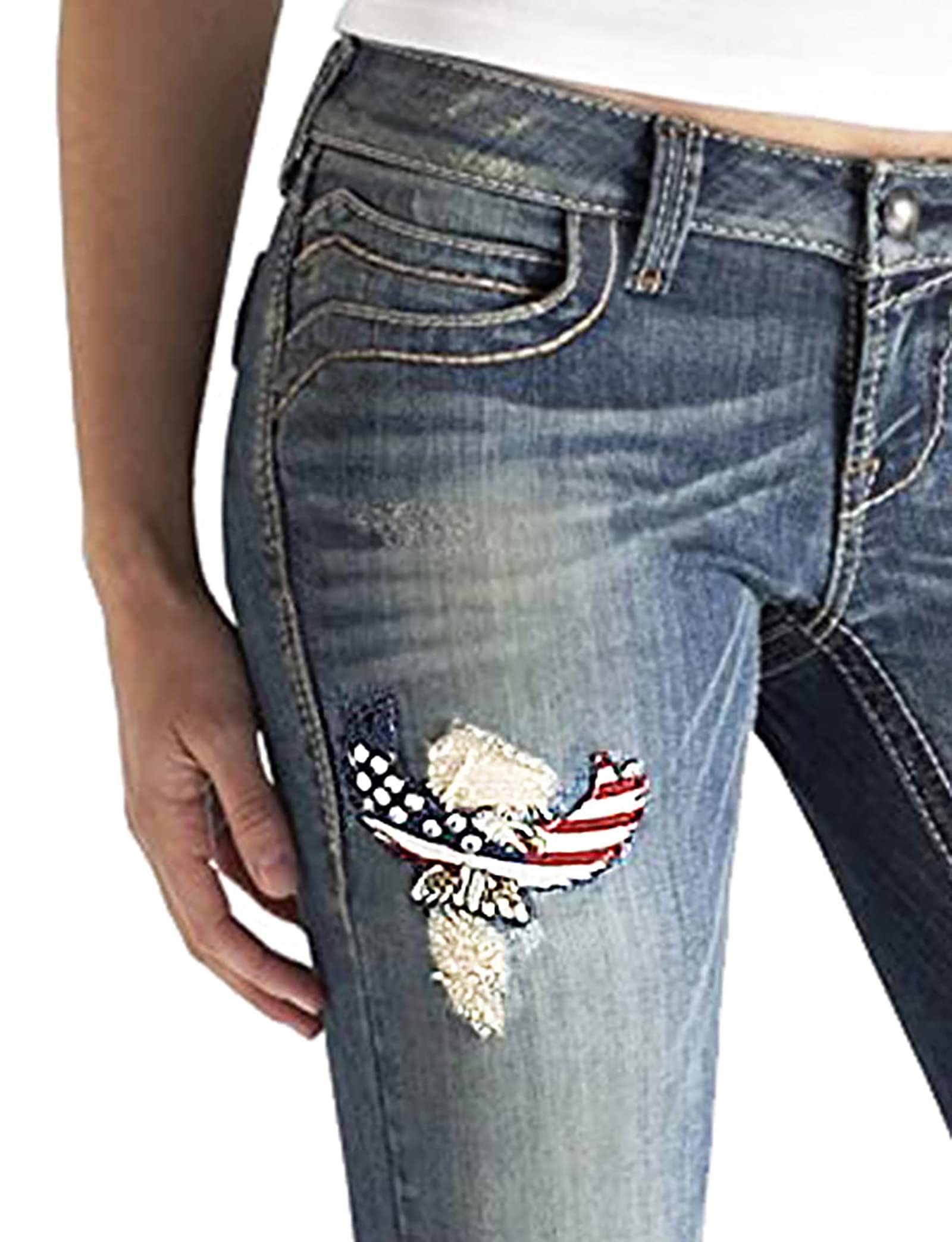 American Flag Eagle Pattern Mid Rise Bootcut Jeans for Women,07-Blue,X-Large