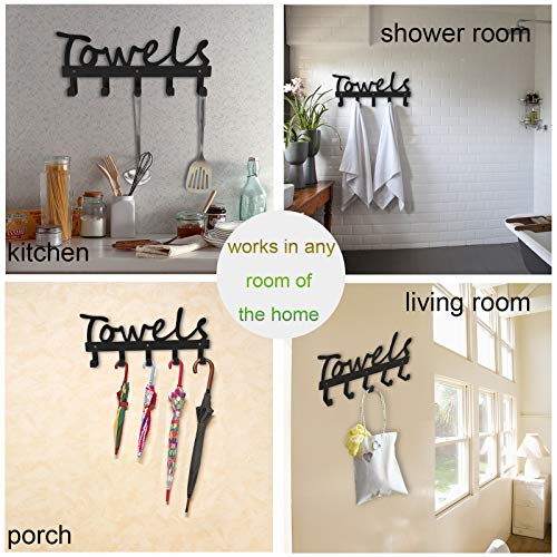 Towel Holder 5 Hooks for Bathroom, Towel Racks, Towel Hooks for Bathroom, Bedroom, Kitchen, Pool, Beach Towels, Bathrobe, Clothing, Metal Sandblasted Wall Mount Rustproof and Waterproof (Black03)