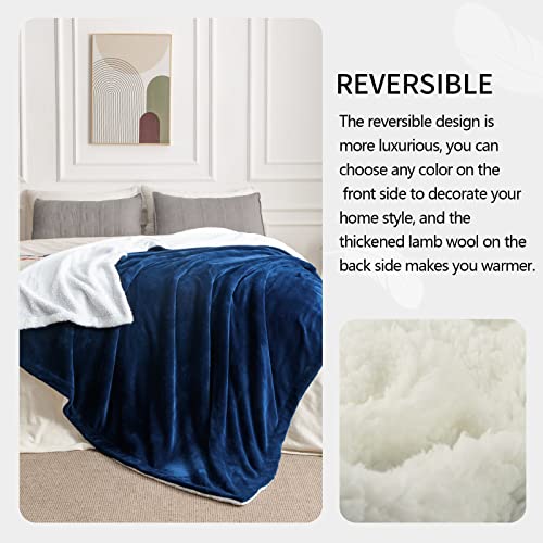 SE SOFTEXLY Sherpa Bed Blanket Queen Size, Super Soft Fuzzy Plush Microfiber Flannel Throw Blanket for Couch, Bed,Sofa Fleece Thick Warm Blanket for Winter(Navy Blue,90x90 inches)