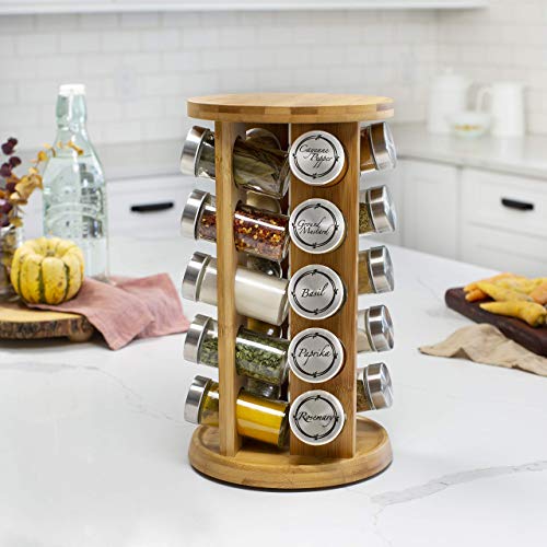 Orii 20 Jar Spice Rack with Spices Included - Tower Organizer for Kitchen Spices and Seasonings, Free Spice Refills for 5 Years (Bamboo Wood)