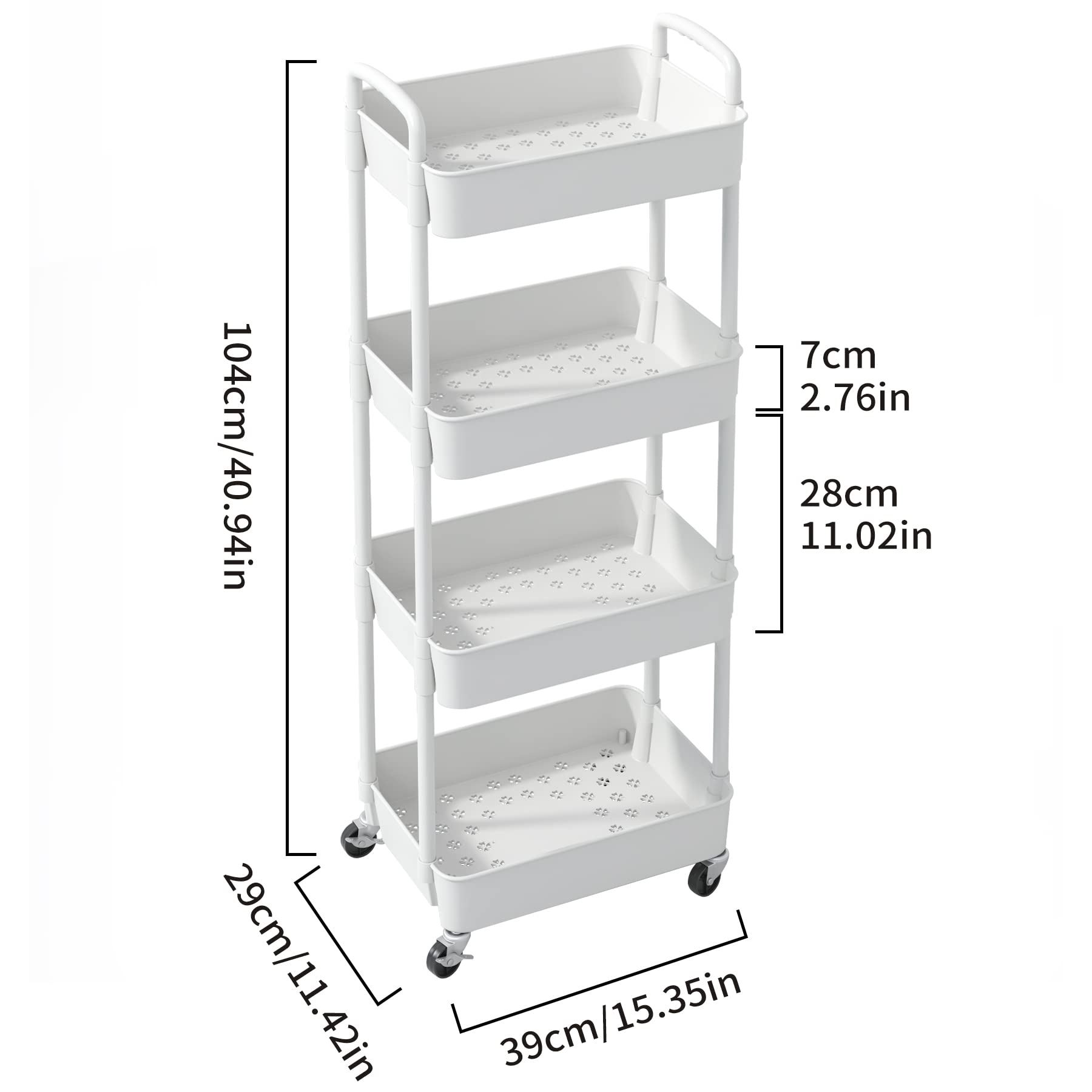 Sywhitta 4-Tier Plastic Rolling Utility Cart with Handle, Multi-Functional Storage Trolley for Office, Living Room, Kitchen, Movable Storage Organizer with Wheels, White