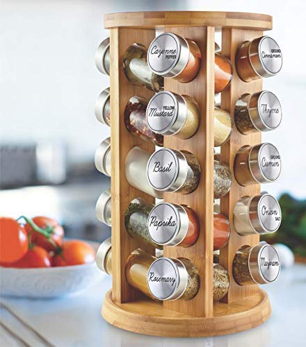 Orii 20 Jar Spice Rack with Spices Included - Tower Organizer for Kitchen Spices and Seasonings, Free Spice Refills for 5 Years (Bamboo Wood)