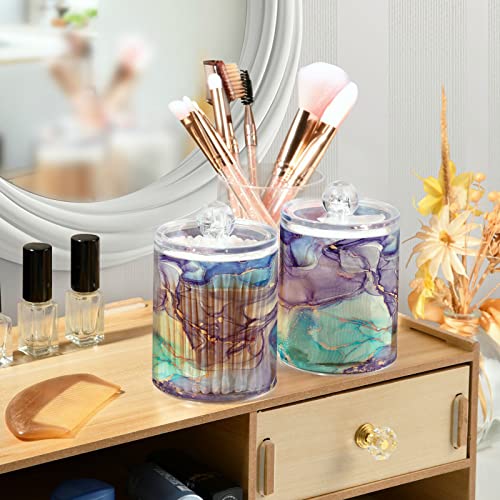 Kigai Blue Purple Marble Texture Qtip Holder Dispenser with Lids 2PCS -Bathroom Storage Organizer Set, Clear Apothecary Jars Food Storage Containers, for Tea, Coffee, Cotton Ball, Floss