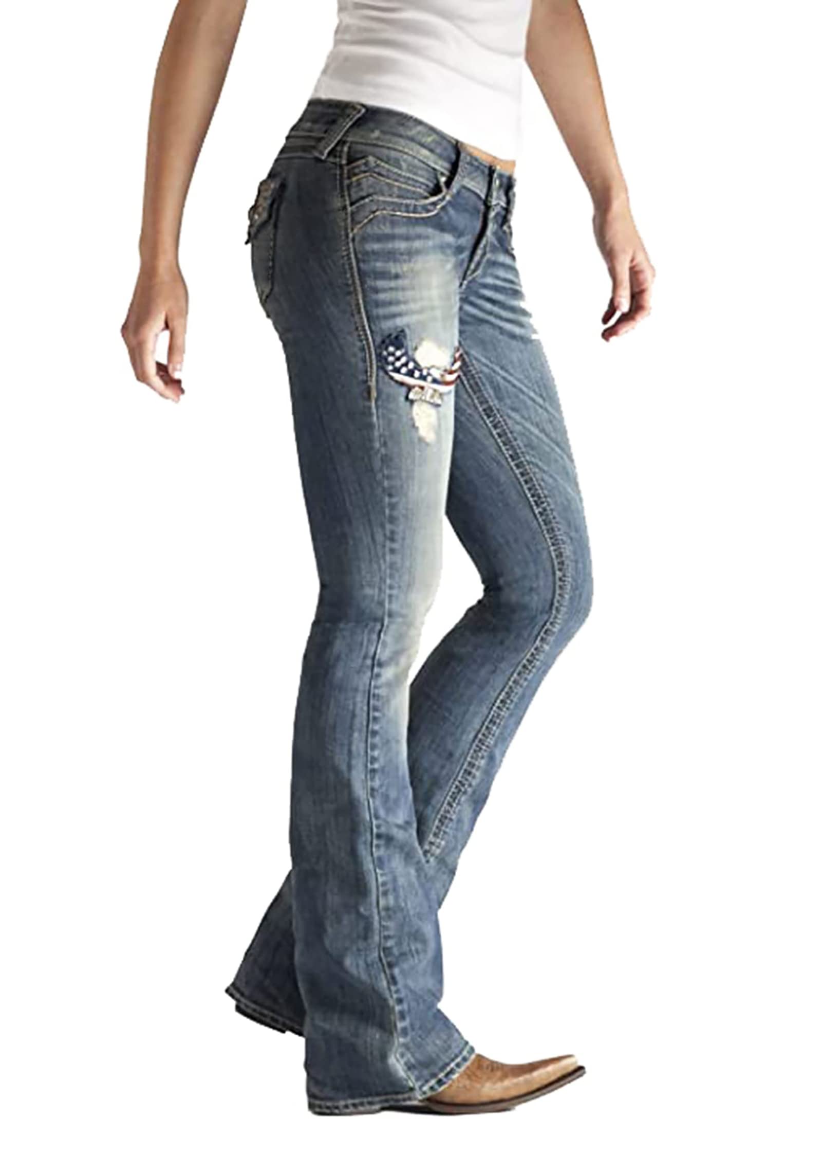 American Flag Eagle Pattern Mid Rise Bootcut Jeans for Women,07-Blue,X-Large