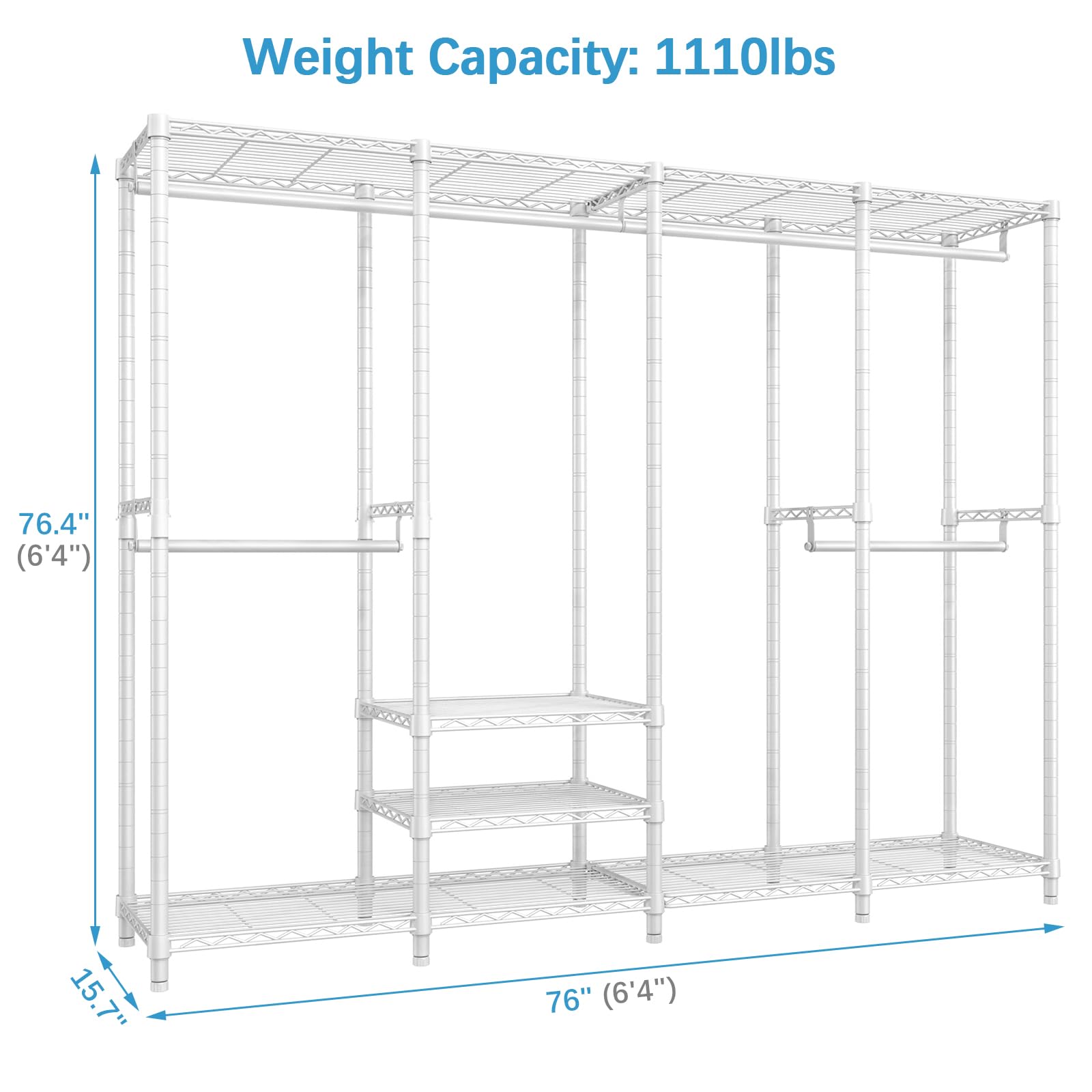 VIPEK V40 Wire Garment Rack Heavy Duty Clothes Rack for Hanging Clothes, Multi-Functional Bedroom Clothing Rack Freestanding Closet Wardrobe Rack, 76" L x 15.7" W x 76.4" H, Max Load 1110lbs, White