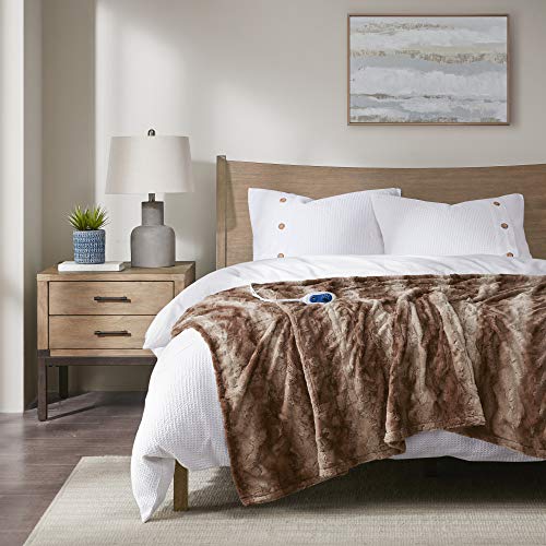 Beautyrest Zuri Reversible Faux Fur to Mink Electric Blanket, Auto Shut Off, Virtually Zero EMF, Multi Heat Setting, UL Certified, Machine Washable, Tan Tip Dye Throw 50x70"
