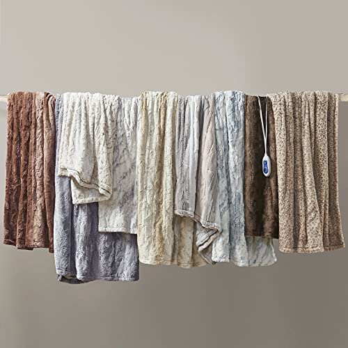 Beautyrest Zuri Reversible Faux Fur to Mink Electric Blanket, Auto Shut Off, Virtually Zero EMF, Multi Heat Setting, UL Certified, Machine Washable, Tan Tip Dye Throw 50x70"
