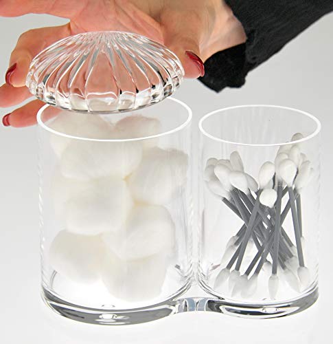 Home-X Clear Acrylic Cotton Ball and Swab Holder Set, 2 Attached Jars with Seashell Lids for Bathroom Storage, 6" L x 3 ¼ " W x 4 ¾ " H, Clear