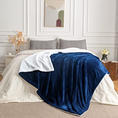 SE SOFTEXLY Sherpa Bed Blanket Queen Size, Super Soft Fuzzy Plush Microfiber Flannel Throw Blanket for Couch, Bed,Sofa Fleece Thick Warm Blanket for Winter(Navy Blue,90x90 inches)