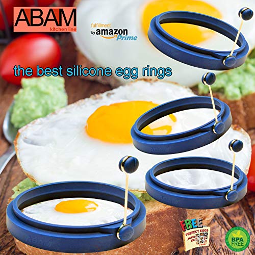 PROFESSIONAL Silicone Egg Ring- Pancake Breakfast Sandwiches - Benedict Eggs - Omelets and More Nonstick Mold Ring Round, Blue (4-pack)