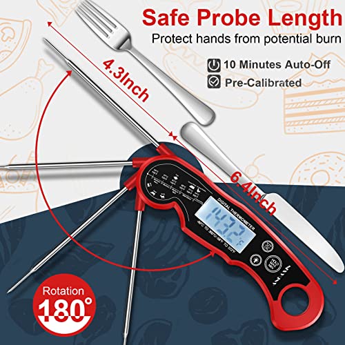 ANDAXIN Instant Read Meat Thermometer for Grill and Cooking, Waterproof Ultra-Fast Thermometer with Backlight & Calibration, Digital Food Thermometer for Cooking, Deep Fry, BBQ, Grill(Red/Black)
