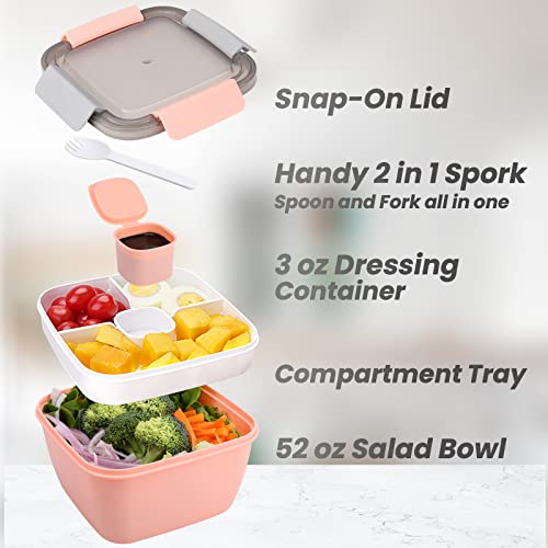 Ylebs 2 Pack Bento Box Adult Lunch Box,52-oz Salad Bowls,3 Compartment Tray with Salad Dressings Container,Used to Meal Pre-prepare Food Fruit Snack,Leak Proof (Pink)