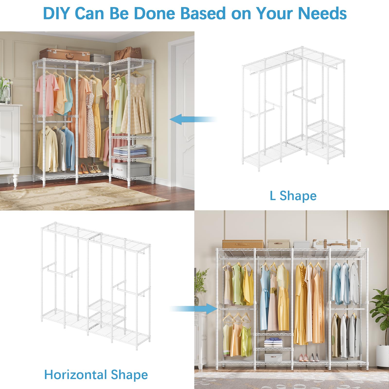 VIPEK V40 Wire Garment Rack Heavy Duty Clothes Rack for Hanging Clothes, Multi-Functional Bedroom Clothing Rack Freestanding Closet Wardrobe Rack, 76" L x 15.7" W x 76.4" H, Max Load 1110lbs, White