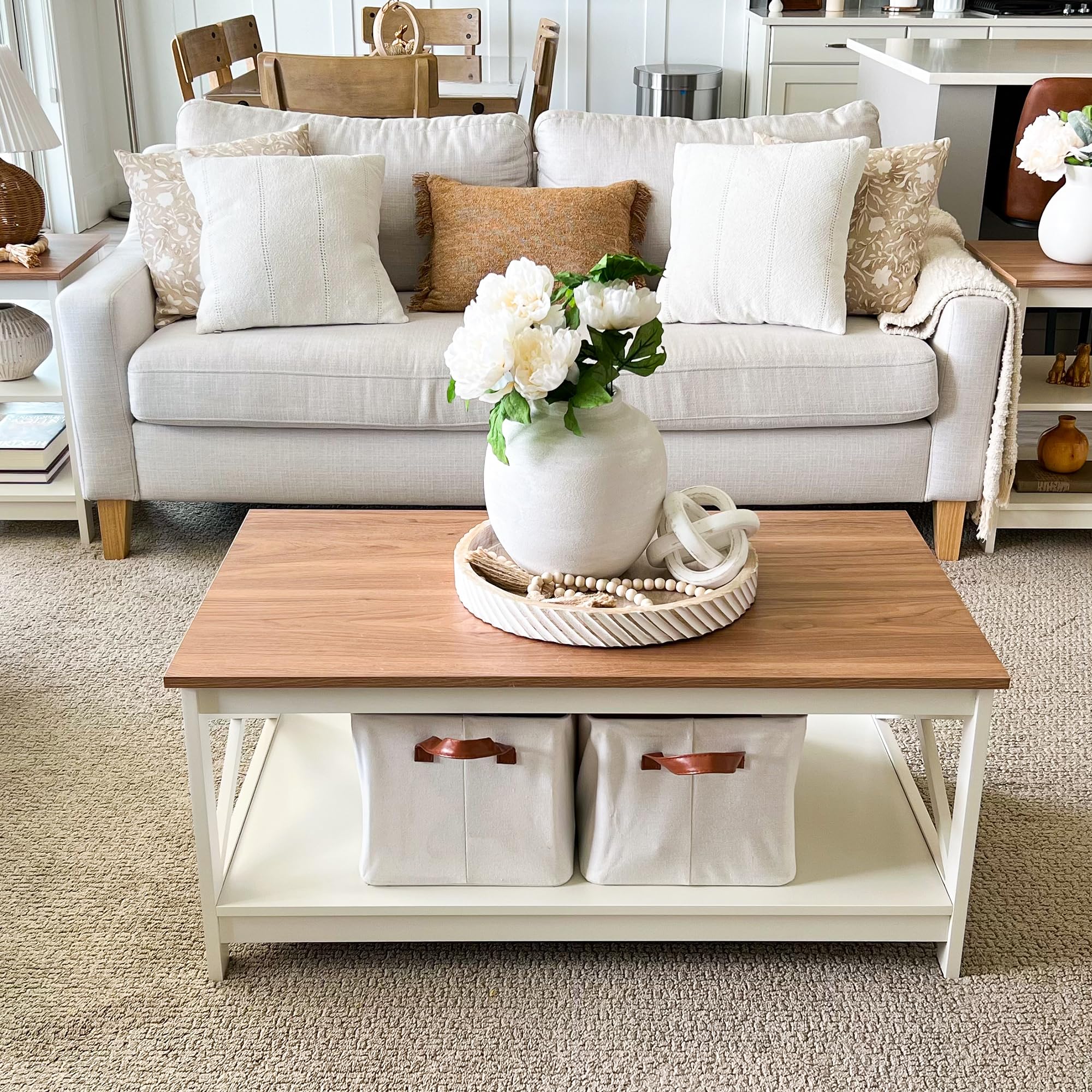 PHI VILLA Coffee Table - Modern Coffee Tables with Storage for Living Room Shelf 2 Tiers, Farmhouse Coffee Table Set