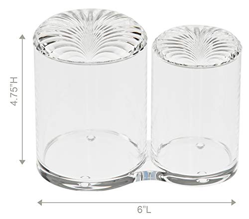 Home-X Clear Acrylic Cotton Ball and Swab Holder Set, 2 Attached Jars with Seashell Lids for Bathroom Storage, 6" L x 3 ¼ " W x 4 ¾ " H, Clear