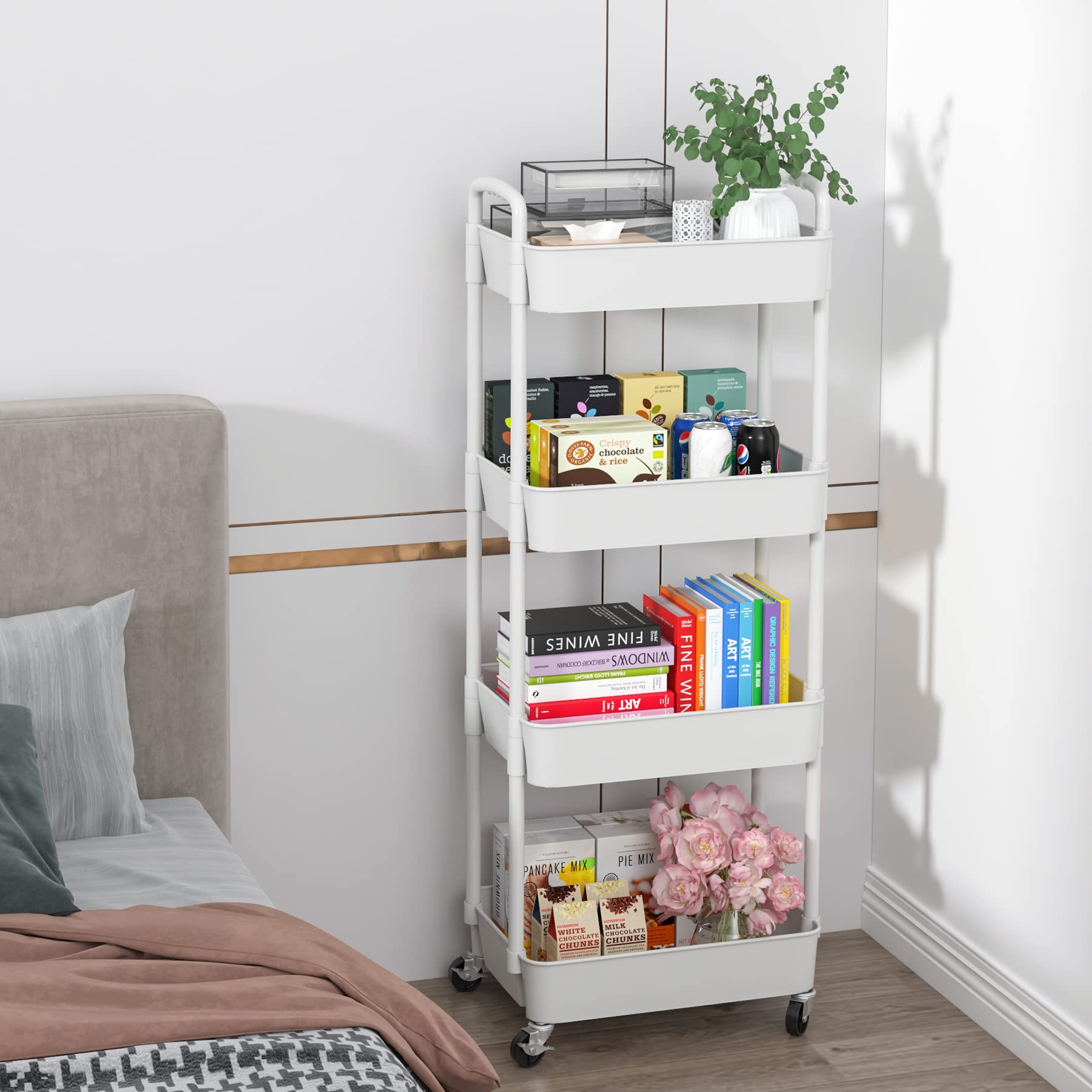 Sywhitta 4-Tier Plastic Rolling Utility Cart with Handle, Multi-Functional Storage Trolley for Office, Living Room, Kitchen, Movable Storage Organizer with Wheels, White
