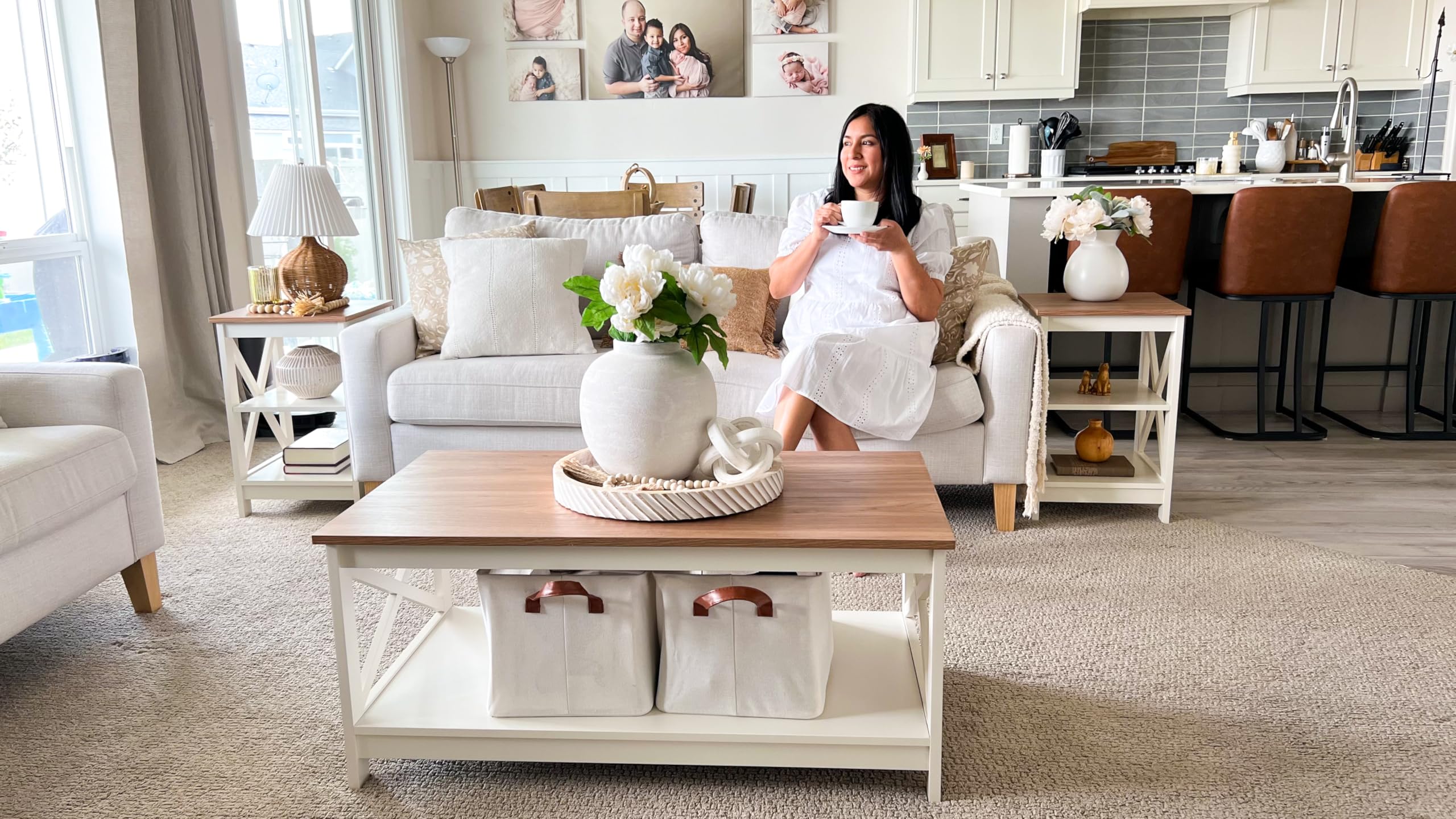 PHI VILLA Coffee Table - Modern Coffee Tables with Storage for Living Room Shelf 2 Tiers, Farmhouse Coffee Table Set
