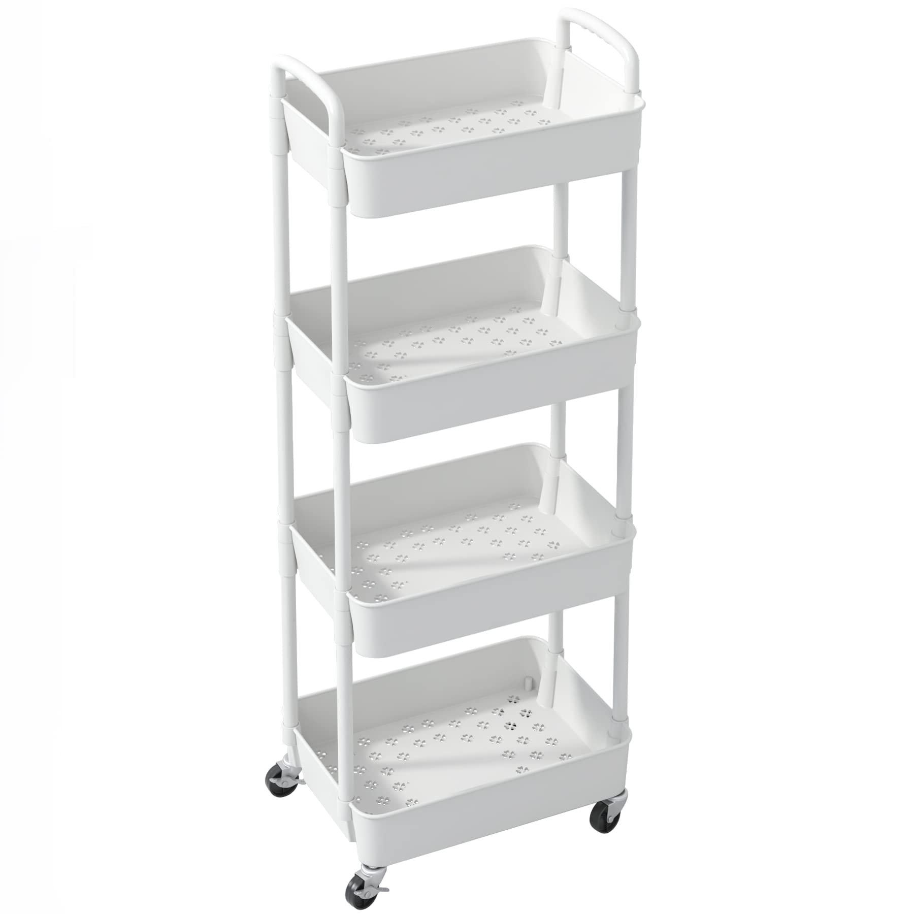 Sywhitta 4-Tier Plastic Rolling Utility Cart with Handle, Multi-Functional Storage Trolley for Office, Living Room, Kitchen, Movable Storage Organizer with Wheels, White