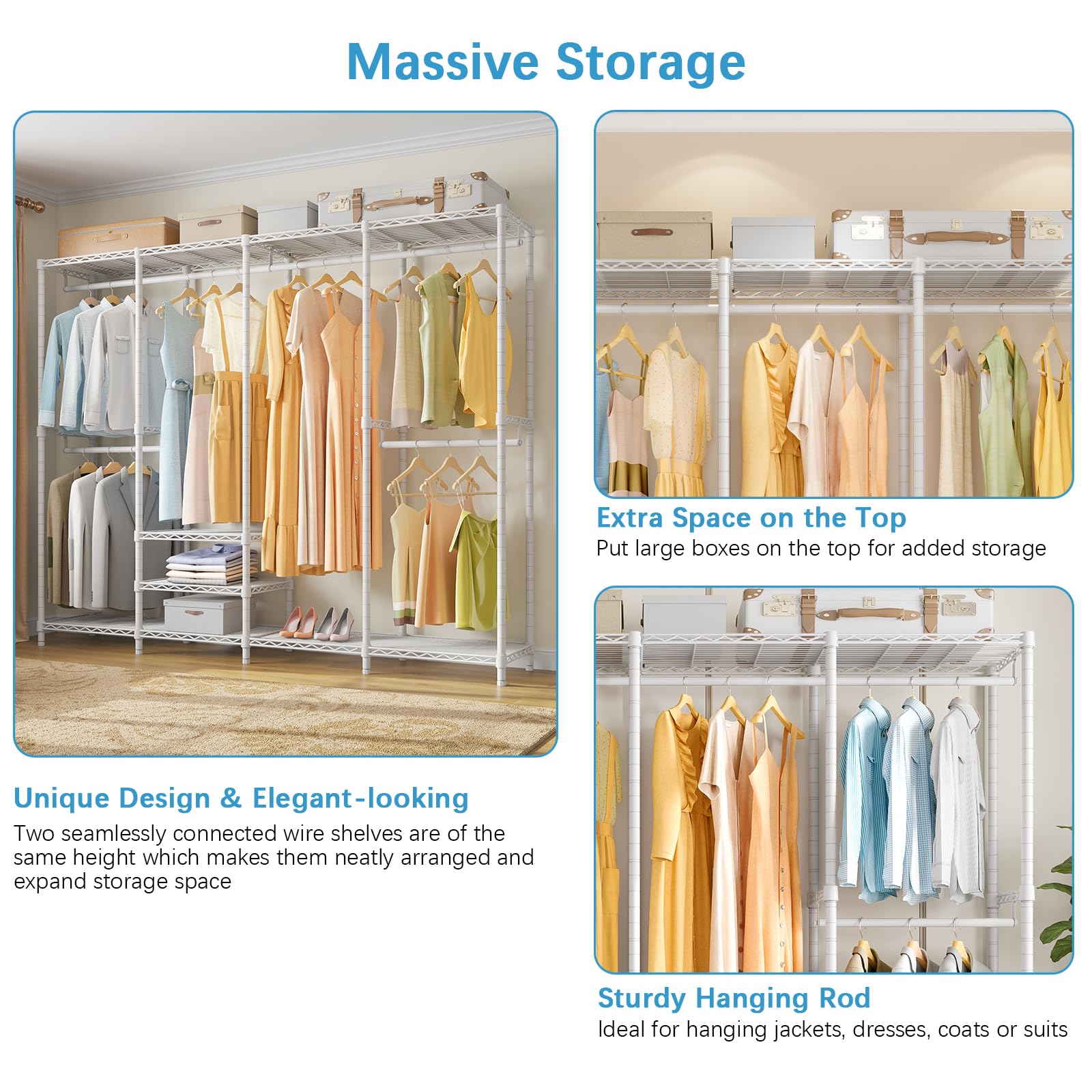 VIPEK V40 Wire Garment Rack Heavy Duty Clothes Rack for Hanging Clothes, Multi-Functional Bedroom Clothing Rack Freestanding Closet Wardrobe Rack, 76" L x 15.7" W x 76.4" H, Max Load 1110lbs, White