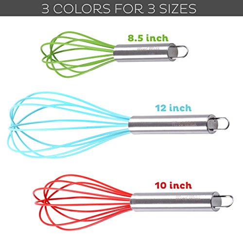 Silicone Whisk Set of 3 - Stainless Steel & Silicone Non-Stick Coating β Colored Balloon Egg Beater for Blending, Whisking, Beating, Frothing & Stirring (12-inch, 10-inch & 8.5-inch)