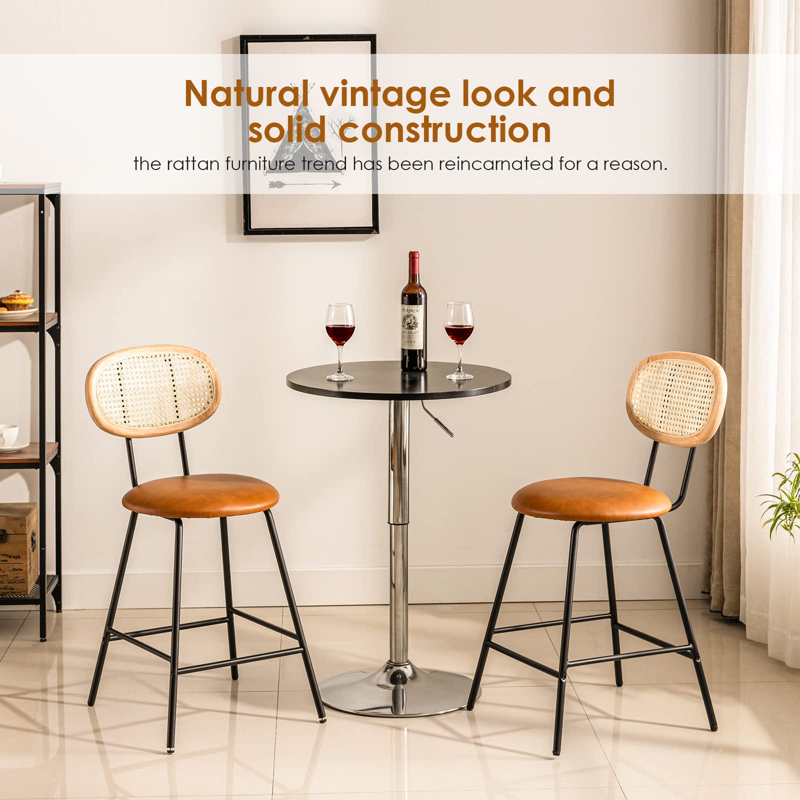 Amadi Counter Stools Rattan Back Dining Chair, Indoor Faux Leather Bar Stools Set of 2, Armless Dining Chairs with Rattan Backrest, Modern Metal Counter Height Barstools for Home Whiskey Brown,24"