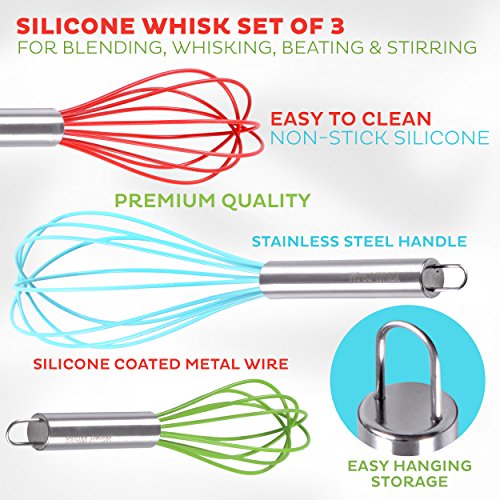 Silicone Whisk Set of 3 - Stainless Steel & Silicone Non-Stick Coating β Colored Balloon Egg Beater for Blending, Whisking, Beating, Frothing & Stirring (12-inch, 10-inch & 8.5-inch)