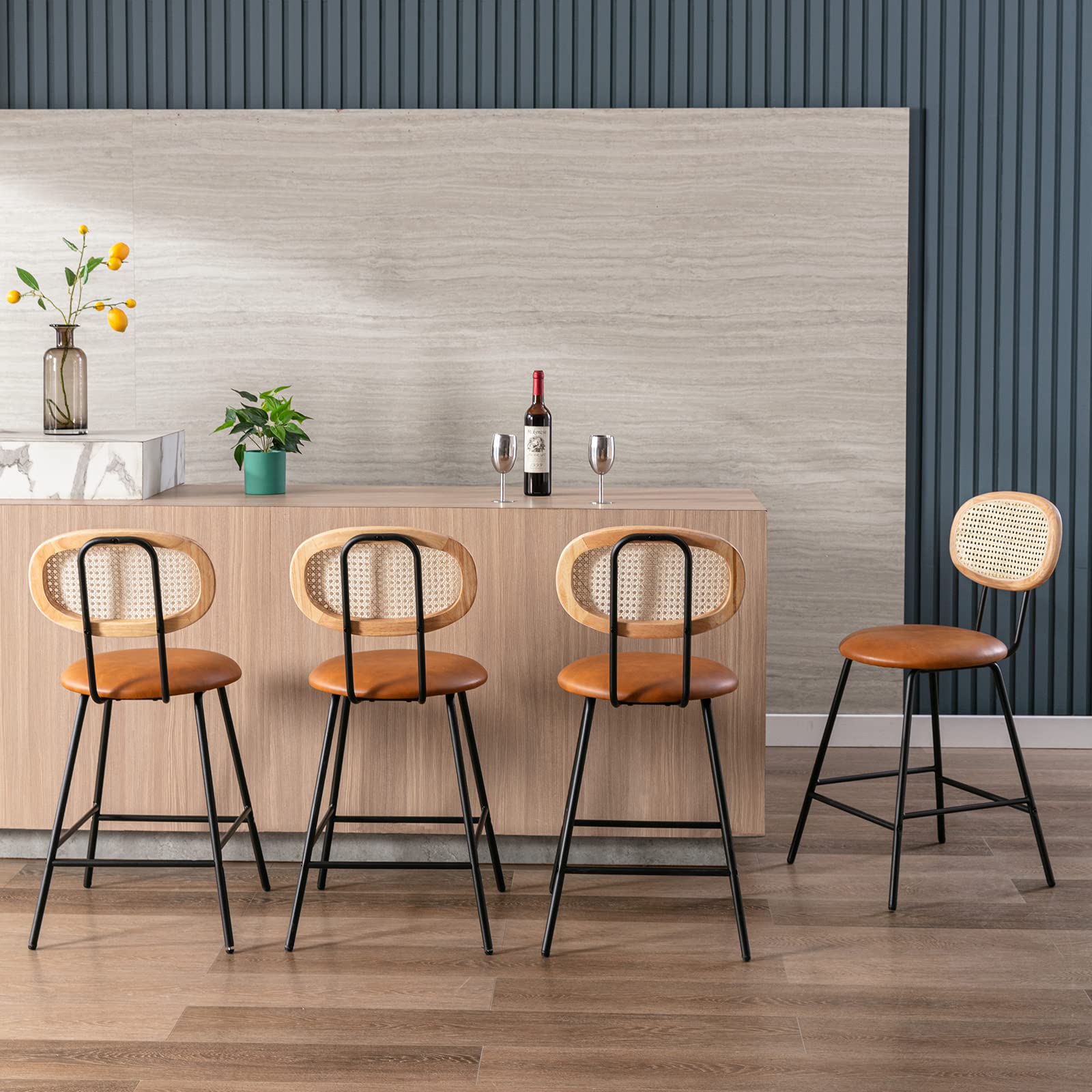 Amadi Counter Stools Rattan Back Dining Chair, Indoor Faux Leather Bar Stools Set of 2, Armless Dining Chairs with Rattan Backrest, Modern Metal Counter Height Barstools for Home Whiskey Brown,24"