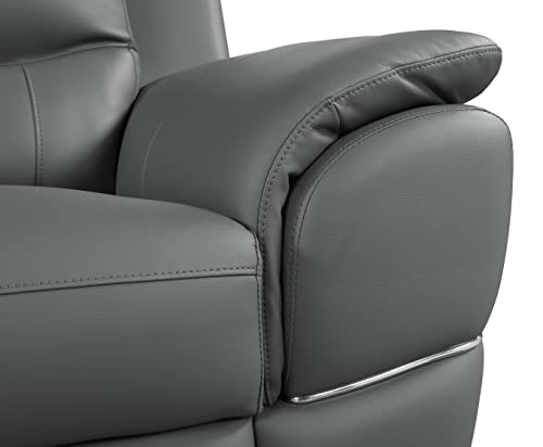 Blackjack Furniture Binion 1 Piece Modern Genuine Leather Sofa for Living Room with Padded Headrest, Wide Arms & Chrome Accents, Elegant Upholstered Couch, Sofa, Gray