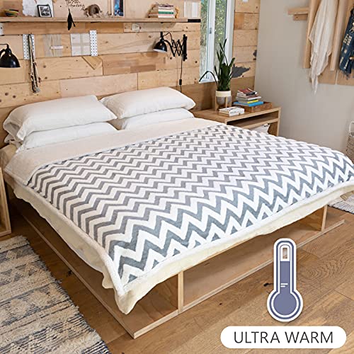 Ailemei Sherpa Fleece Blanket with Creative Embroidered Words Patch, King Size Reversible Fuzzy Soft Fluffy Huge Bed Blankets for Winter, Grey Chevron (Let's Stay Home)