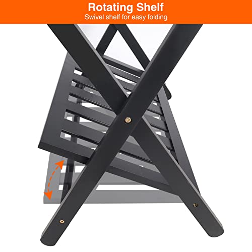AKVOMBI Folding Luggage Racks for Guest Room, 2 Tier Suitcase Holder Stand with Shelf, Luggage Stand with Heavy Duty Nylon Belts for Bedroom, Hotel, Black