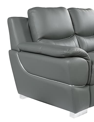 Blackjack Furniture Binion 1 Piece Modern Genuine Leather Sofa for Living Room with Padded Headrest, Wide Arms & Chrome Accents, Elegant Upholstered Couch, Sofa, Gray