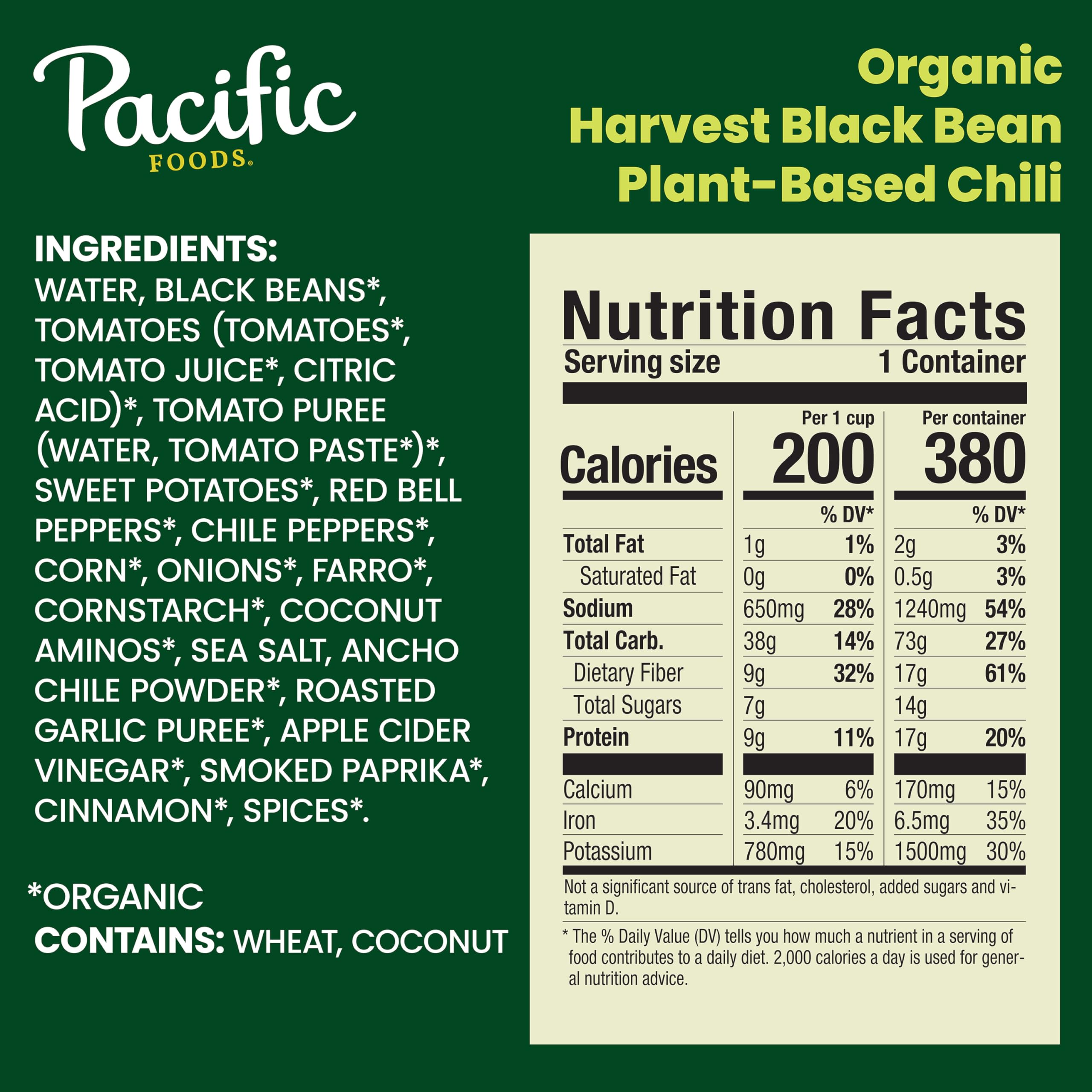 Pacific Foods Organic Harvest Black Bean Chili, Plant Based, 16.5 oz Can