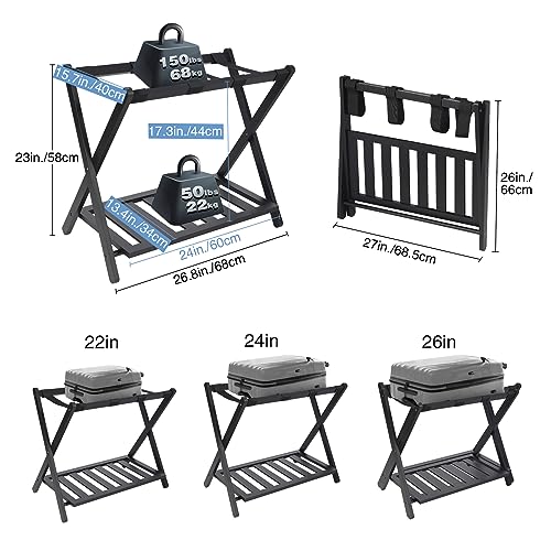 AKVOMBI Folding Luggage Racks for Guest Room, 2 Tier Suitcase Holder Stand with Shelf, Luggage Stand with Heavy Duty Nylon Belts for Bedroom, Hotel, Black