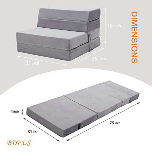 BDEUS Velvet Folding Mattress Folding Sofa 4" Breathable High-Density Foam Mattress Topper, Portable Guest Bed with Removable&Washable Cover