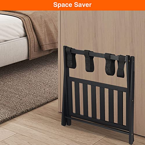 AKVOMBI Folding Luggage Racks for Guest Room, 2 Tier Suitcase Holder Stand with Shelf, Luggage Stand with Heavy Duty Nylon Belts for Bedroom, Hotel, Black