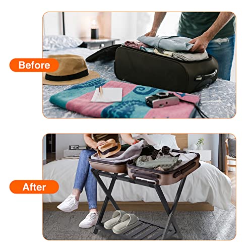 AKVOMBI Folding Luggage Racks for Guest Room, 2 Tier Suitcase Holder Stand with Shelf, Luggage Stand with Heavy Duty Nylon Belts for Bedroom, Hotel, Black