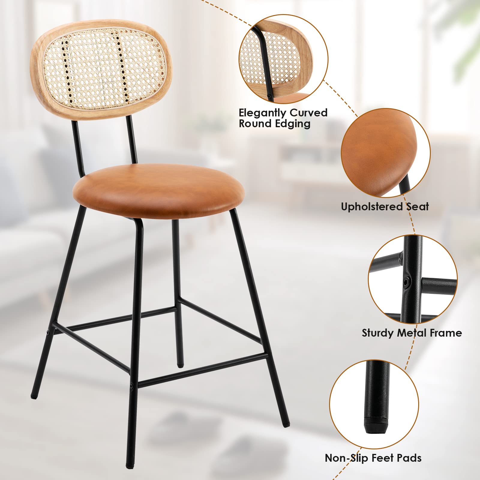Amadi Counter Stools Rattan Back Dining Chair, Indoor Faux Leather Bar Stools Set of 2, Armless Dining Chairs with Rattan Backrest, Modern Metal Counter Height Barstools for Home Whiskey Brown,24"
