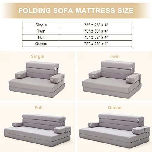 Lazyzizi Sleep 4 Inch Foldable Mattress, Portable Floor Mattress Couch with Headrest, Washable Cover, Foldable Foam Couch Twin for Guest Bed, Folding Sofa Bed, Camping, Road Trip, Dark Grey