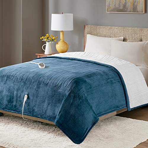 Soft Sherpa Heated Electric Blanket Twin XL Size, | Controller with 1-10 Hour Auto Shut Off | 20 Heat Settings | Washable, 64" x 86" Blue