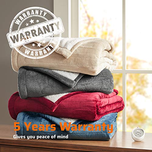 Soft Sherpa Heated Electric Blanket Twin XL Size, | Controller with 1-10 Hour Auto Shut Off | 20 Heat Settings | Washable, 64" x 86" Blue