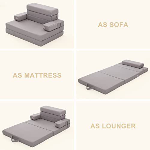 Lazyzizi Sleep 4 Inch Foldable Mattress, Portable Floor Mattress Couch with Headrest, Washable Cover, Foldable Foam Couch Twin for Guest Bed, Folding Sofa Bed, Camping, Road Trip, Dark Grey