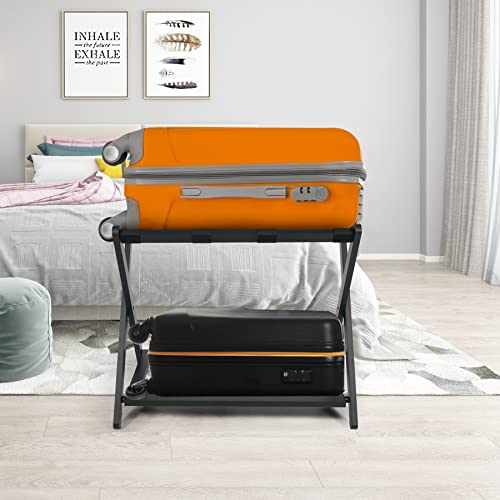 AKVOMBI Folding Luggage Racks for Guest Room, 2 Tier Suitcase Holder Stand with Shelf, Luggage Stand with Heavy Duty Nylon Belts for Bedroom, Hotel, Black