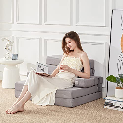 Lazyzizi Sleep 4 Inch Foldable Mattress, Portable Floor Mattress Couch with Headrest, Washable Cover, Foldable Foam Couch Twin for Guest Bed, Folding Sofa Bed, Camping, Road Trip, Dark Grey