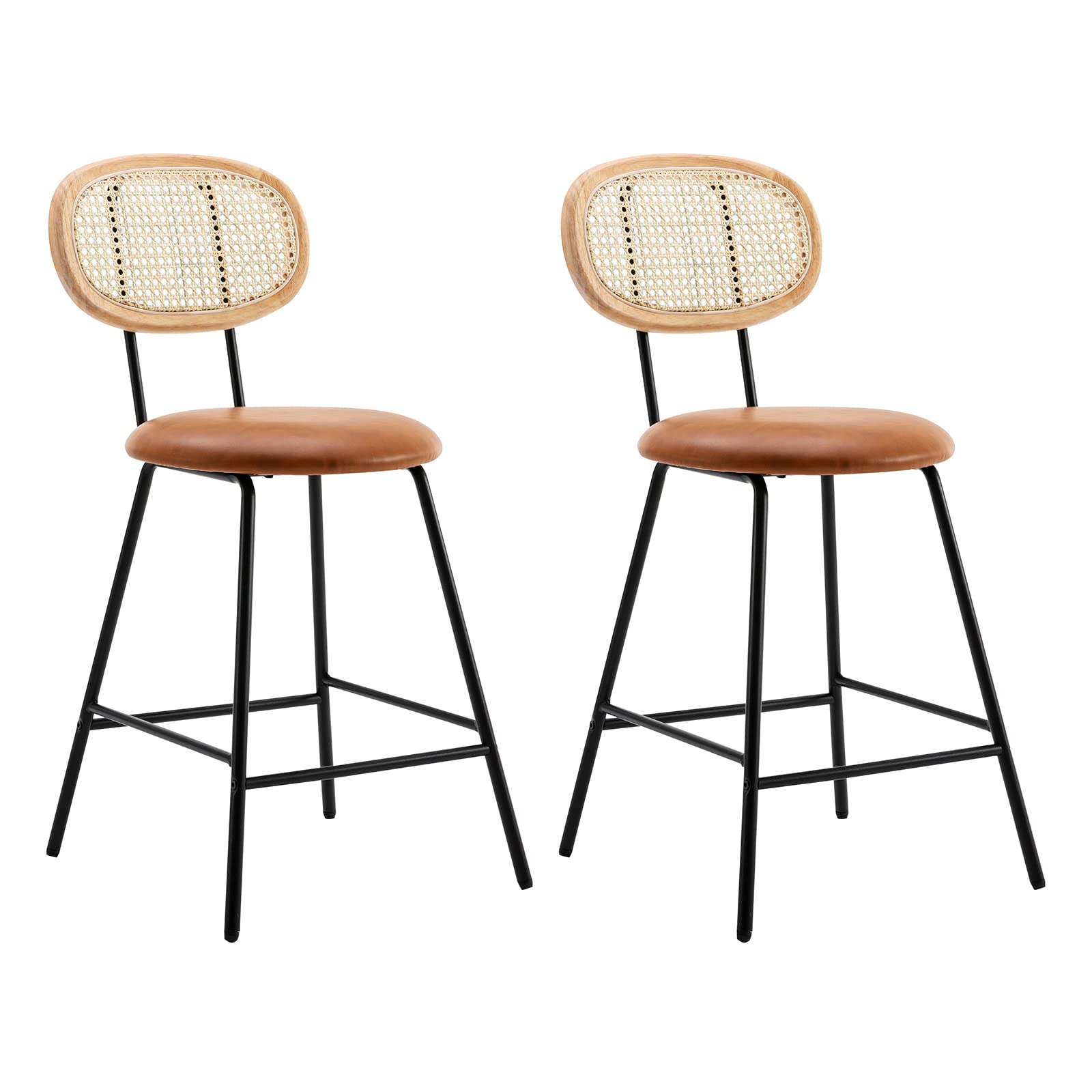 Amadi Counter Stools Rattan Back Dining Chair, Indoor Faux Leather Bar Stools Set of 2, Armless Dining Chairs with Rattan Backrest, Modern Metal Counter Height Barstools for Home Whiskey Brown,24"