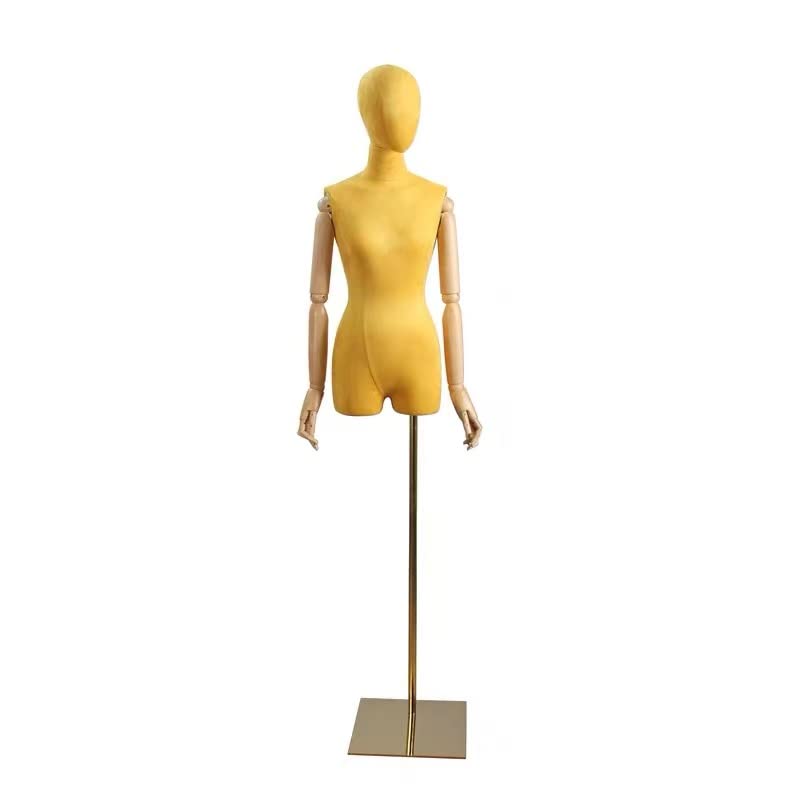 DE-LIANG Female Mannequin Torso with Stand Yellow Suede Fabric Women Dress Form with Wooden Arms Natural Wood Color, Fabric is (Yellow)