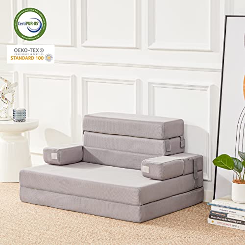 Lazyzizi Sleep 4 Inch Foldable Mattress, Portable Floor Mattress Couch with Headrest, Washable Cover, Foldable Foam Couch Twin for Guest Bed, Folding Sofa Bed, Camping, Road Trip, Dark Grey